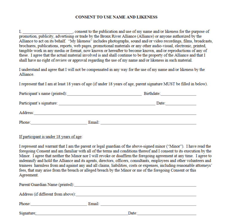 Consent for Name and Likeness Form - Bronx River Alliance